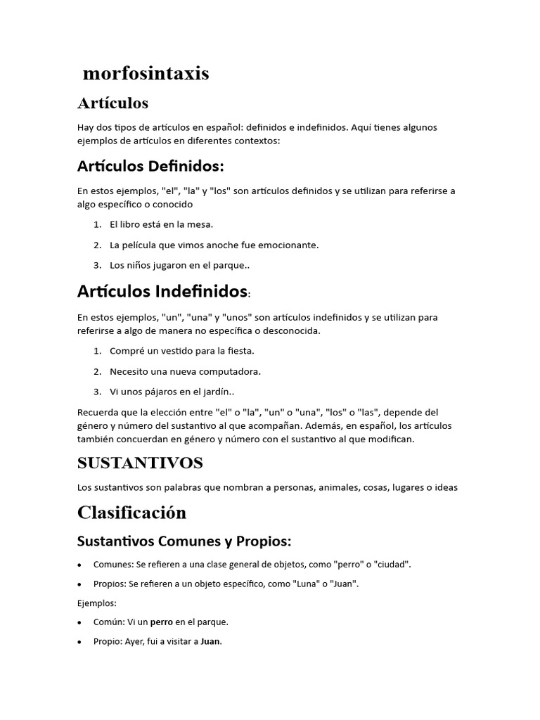 Morfosintaxis: Artículos y Verbos en Español | PDF | Verbo | Adjetivo