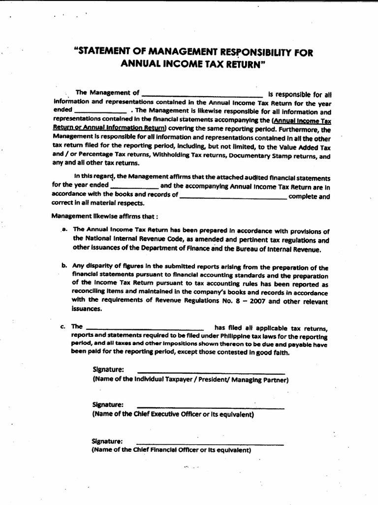 Statement of Management Responsibility For Annual Income Tax Return | PDF