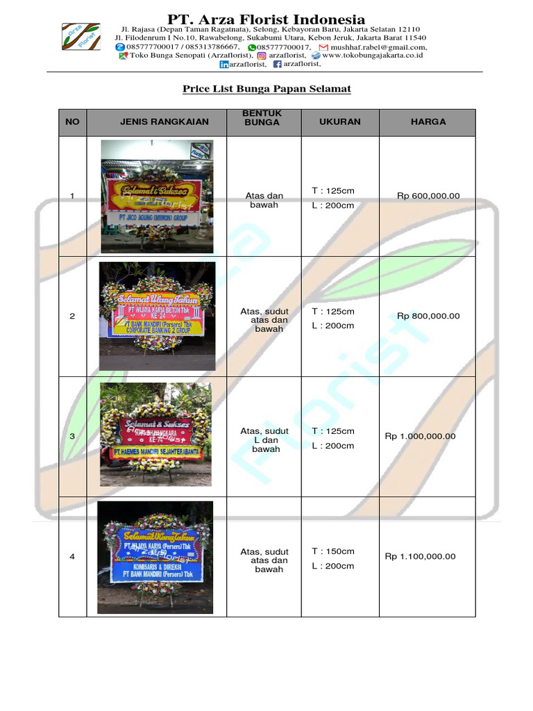 Daftar Harga Bunga Papan Selamat | PDF