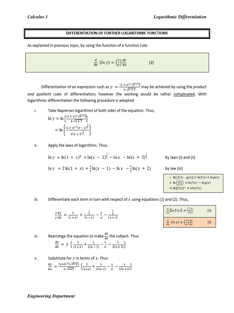 6 4 Differentiation Of Further Logarithmic Functions Pdf Derivative