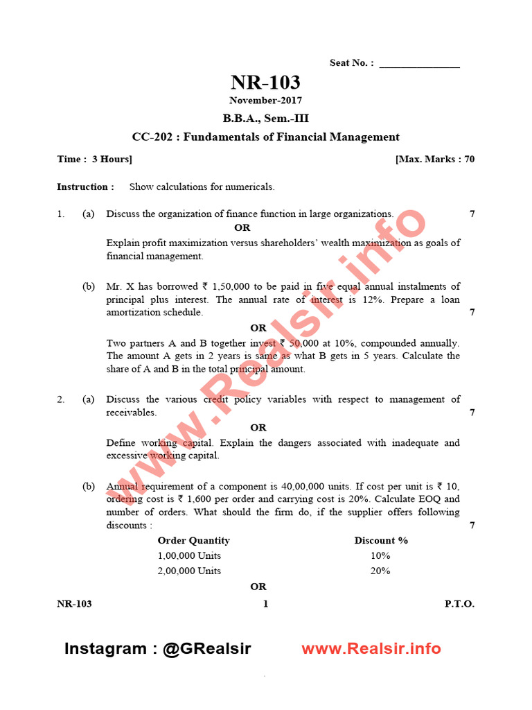 B.B.A., Sem.-III CC-202 Fundamentals of Financial Management-2017 | PDF | Financial Capital ...