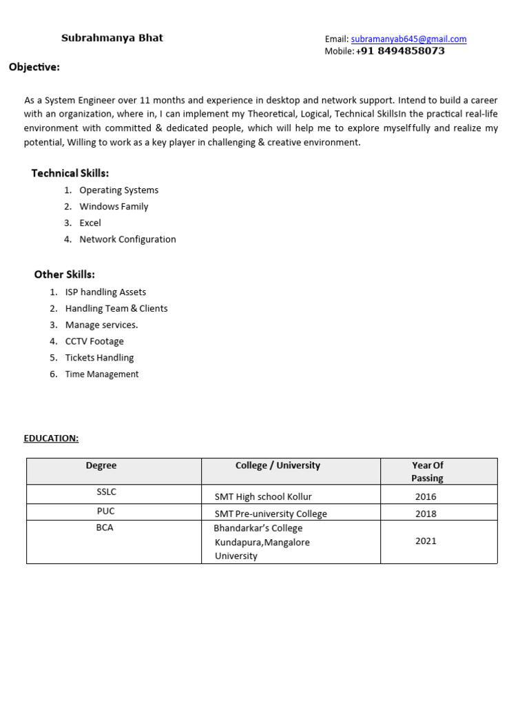 Subrahmanya Resume | PDF