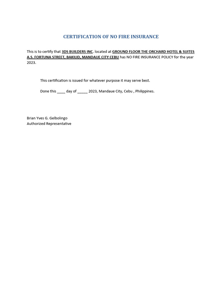 Certification of No Fire Insurance | PDF | Law | Business