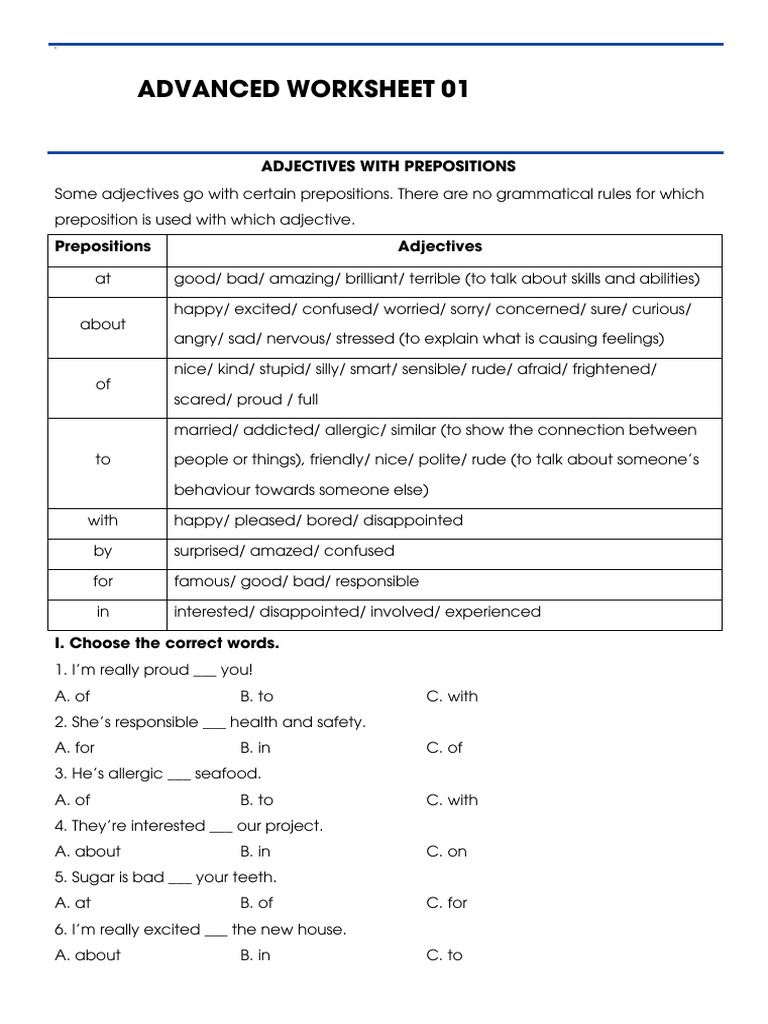 1. Advanced WS 1- Adjectives With Prepositions | PDF