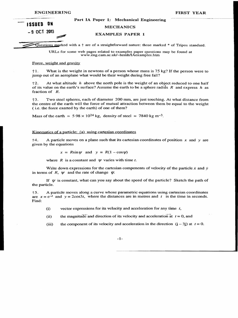 1p1 2013 14 Mechanics Examples Paper 1 | PDF | Acceleration | Velocity