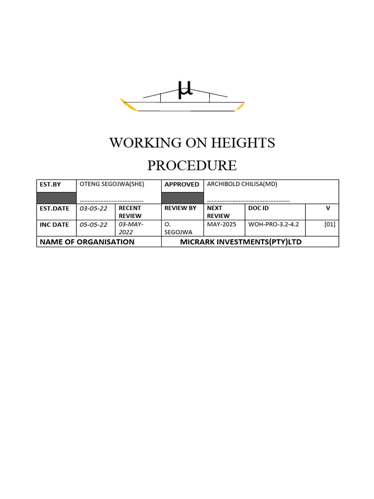 Work On Heights Procedure | PDF