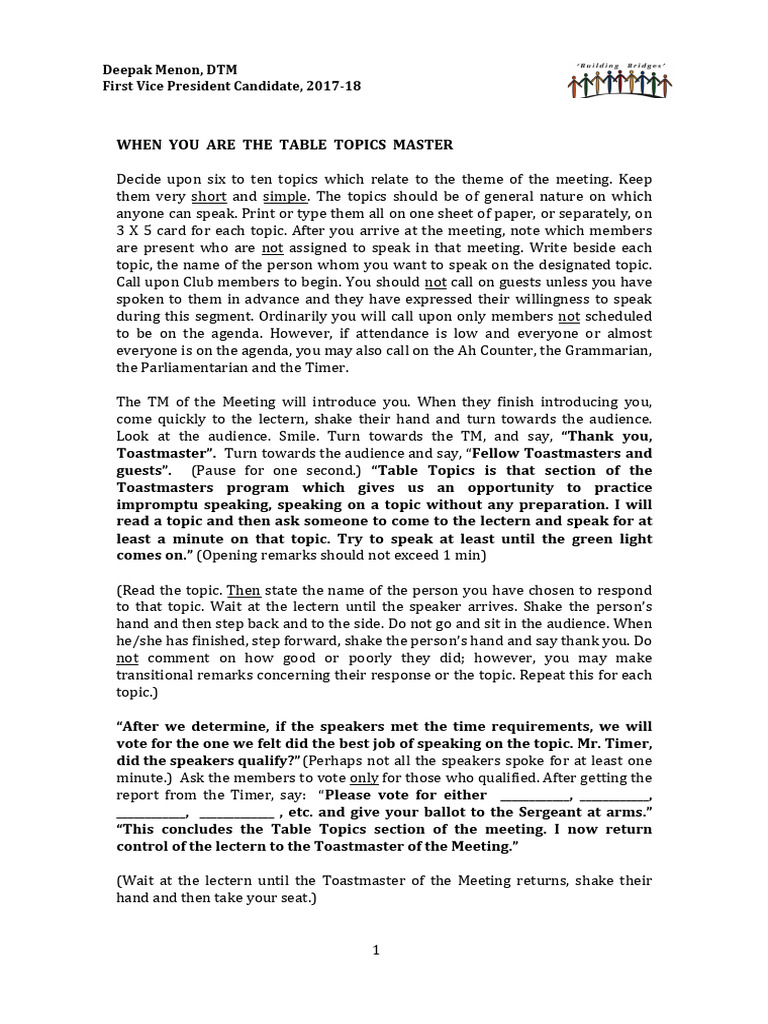 When You Are The Table Topics Master 1 | PDF | Language Arts & Discipline