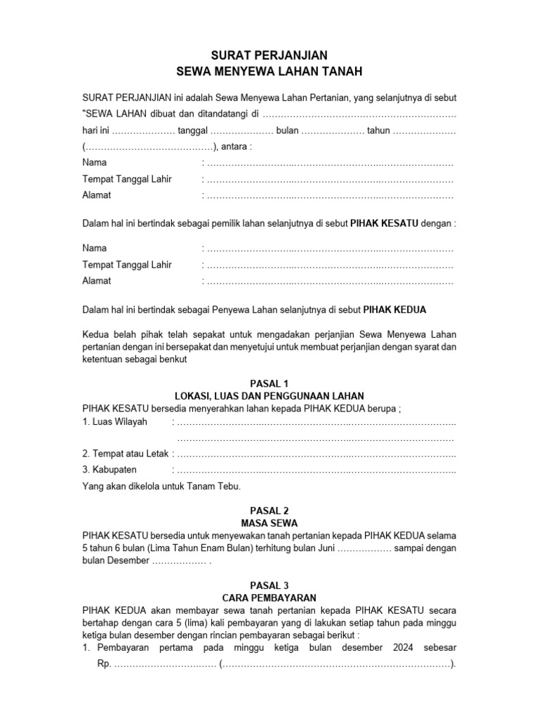 Surat Perjanjian Sewa Menyewa Lahan Tanah | PDF