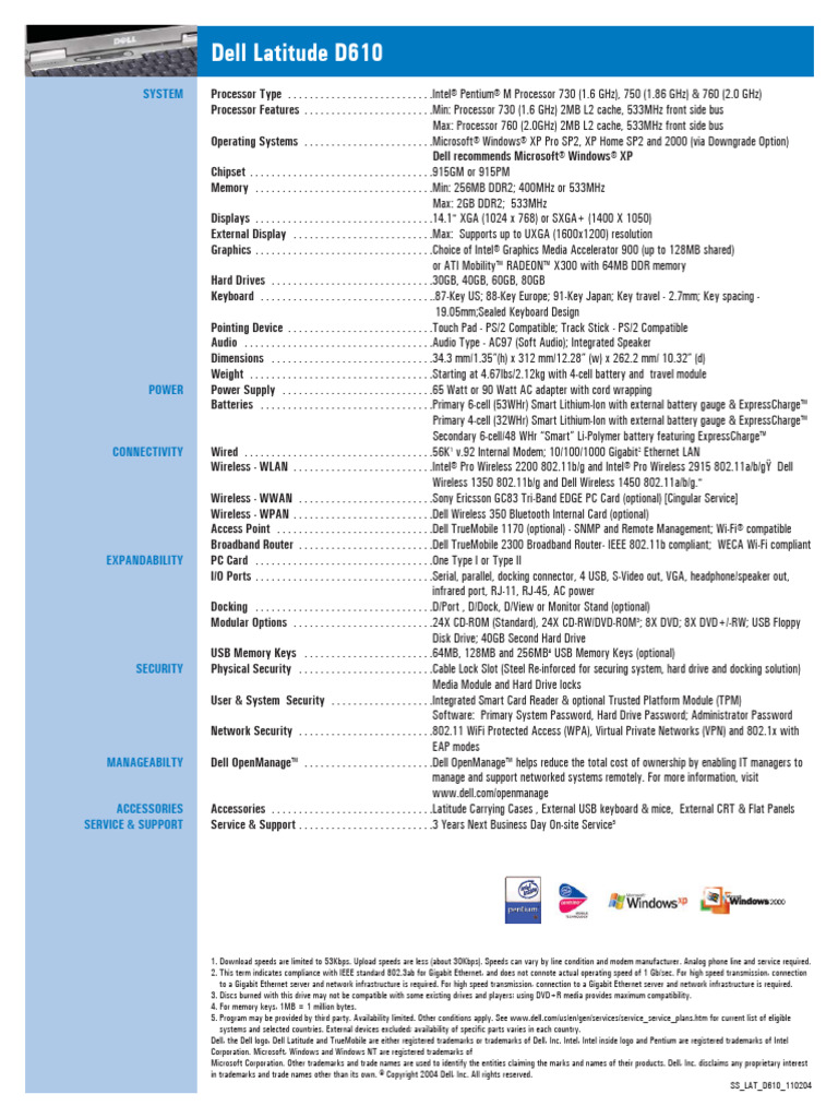 Dell Latitude 610 Specs | PDF | Wi Fi | Computer Networking