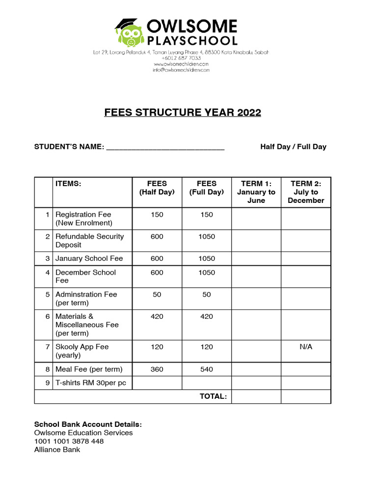Owlsome Fees Structure - Year2022 | PDF | Fee | Services (Economics)