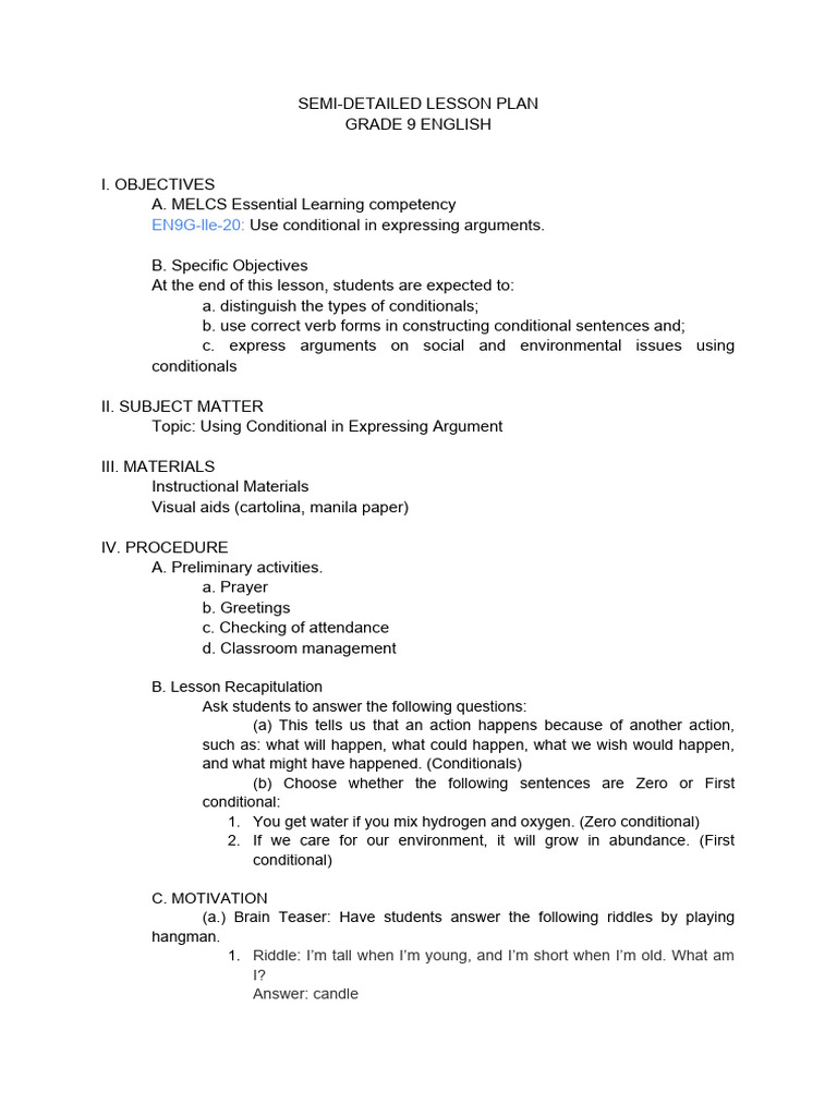 (2nd and 3rd conditionals) SEMI-DETAILED LESSON PLAN | PDF | Verb | Language Mechanics