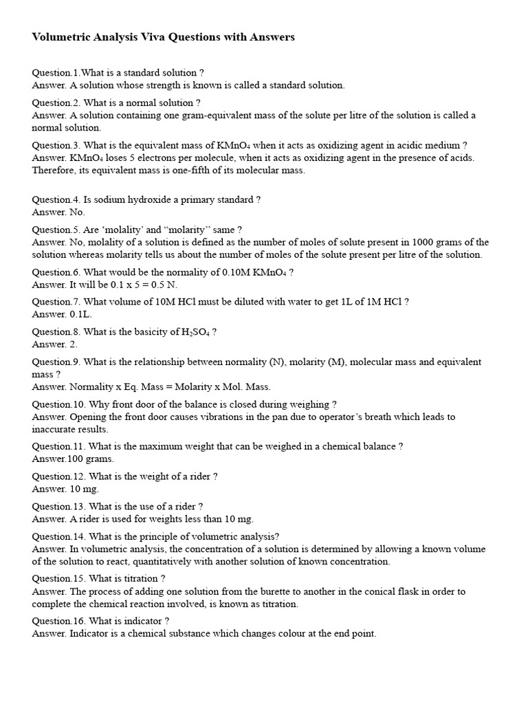 Volumetric Analysis Viva Questions | PDF | Titration | Chemistry