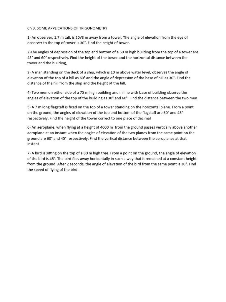 CH 9 SOME APPLICATIONS OF TRIGONOMETRY TEST | PDF