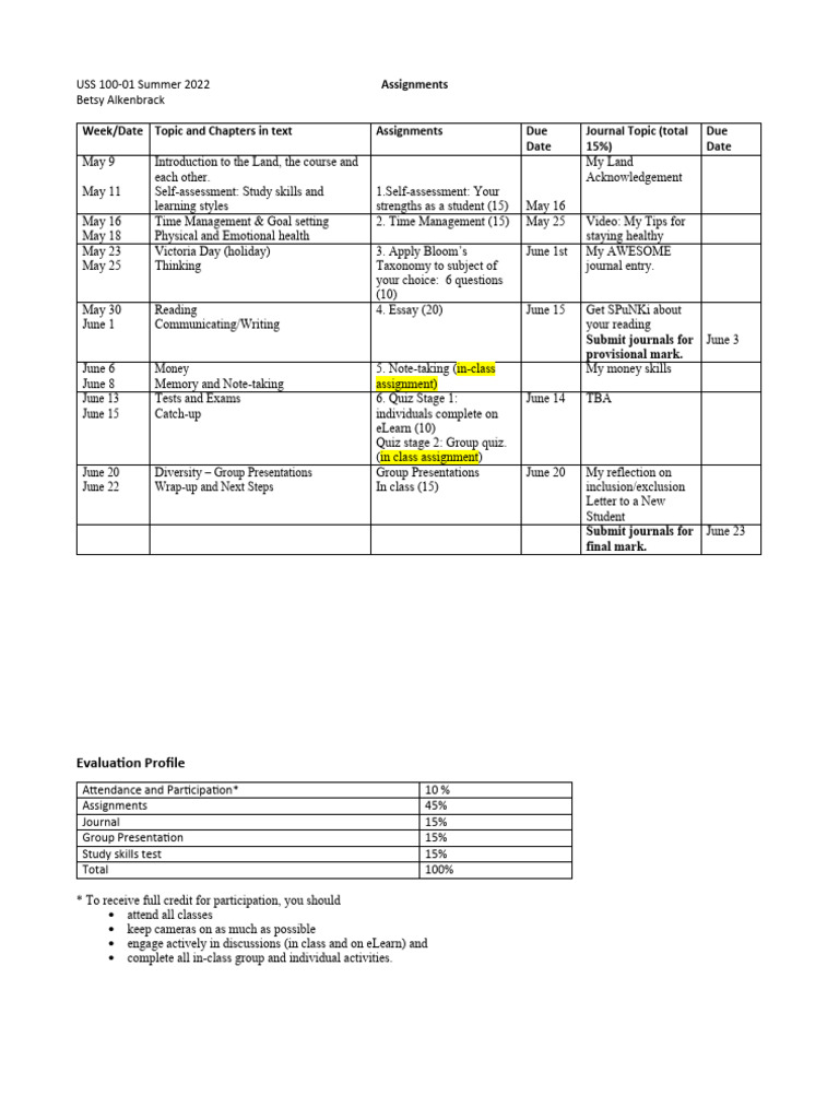 USS 100-01 Assignment List Summer 2022 | PDF | Study Skills | Human Communication