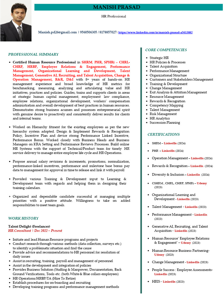 Manish Prasad - HR - 2024 | PDF