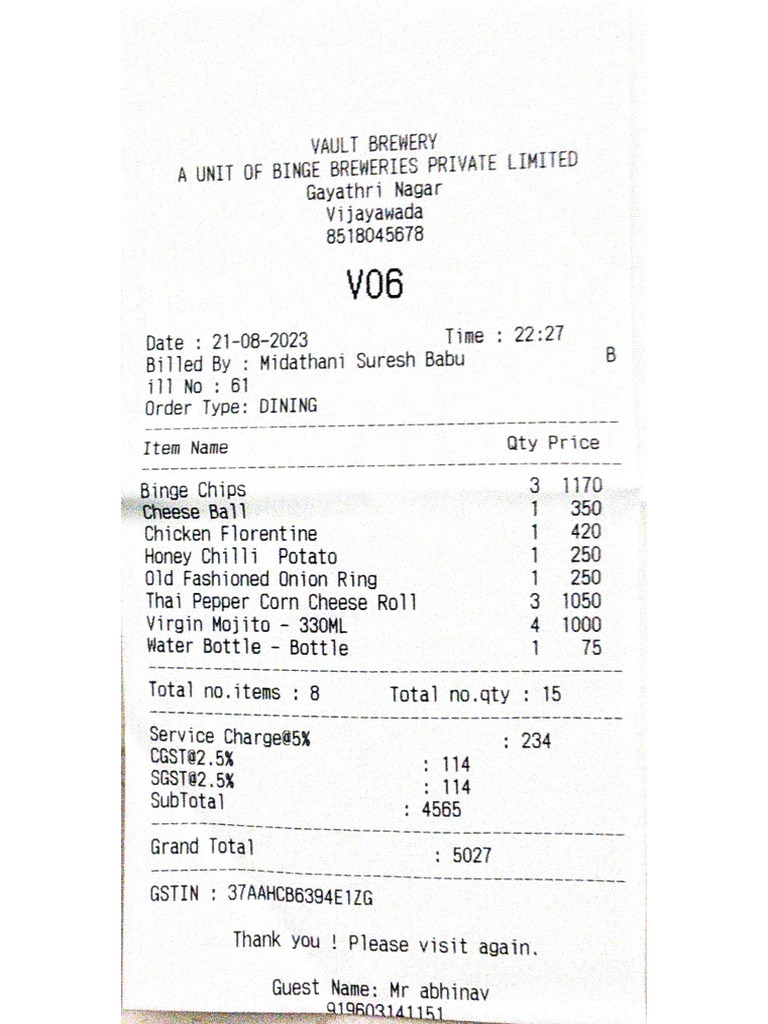 Insights - Team Cocktail Dinner Bill | PDF