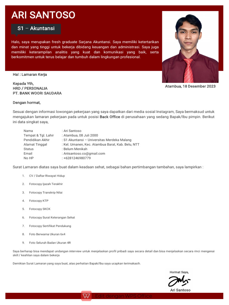 Surat Lamaran Kerja BWS - Ari Santoso | PDF | Karier & Perkembangan | Bisnis