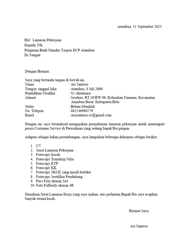 Surat Lamaran Kerja Bank Danamon Kupang - Ari Santoso | PDF