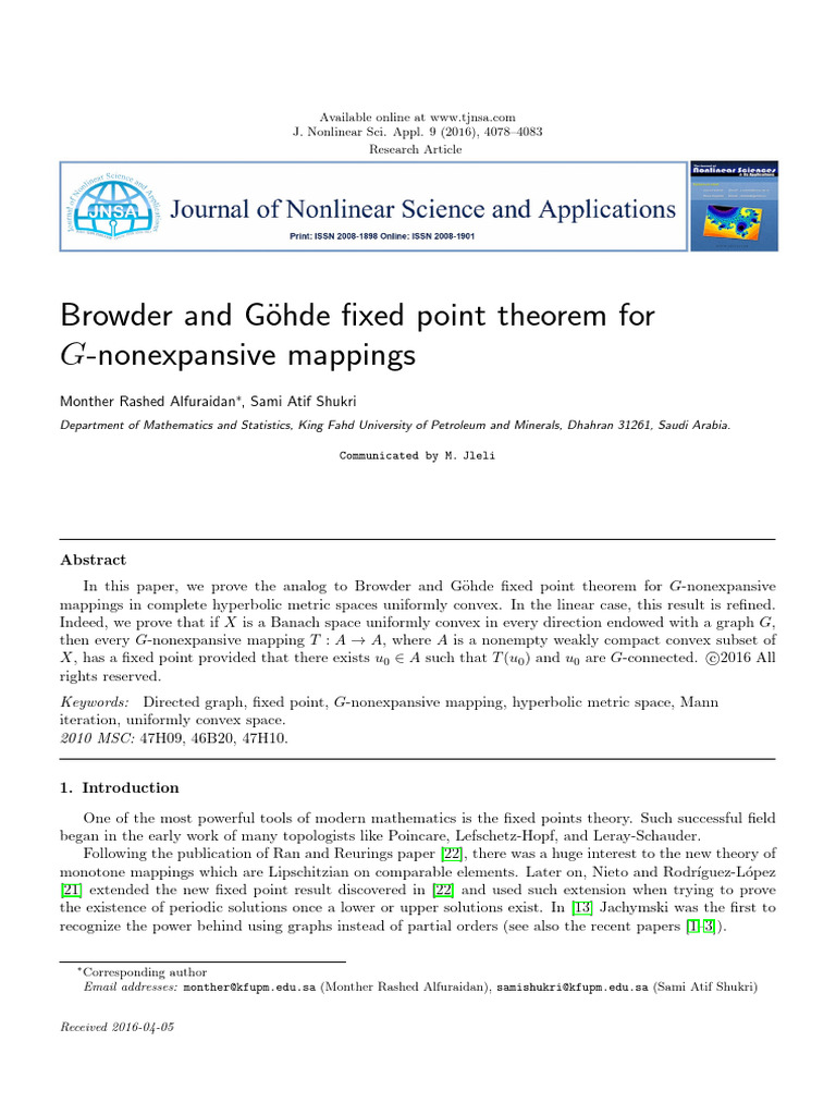 2016 - Browder and G Ohde Fixed Point Theorem For G-Nonexpansive ...