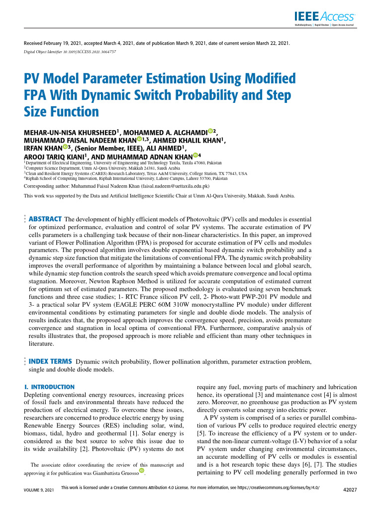 PV Model Parameter Estimation Using Modified FPA With Dynamic Switch ...