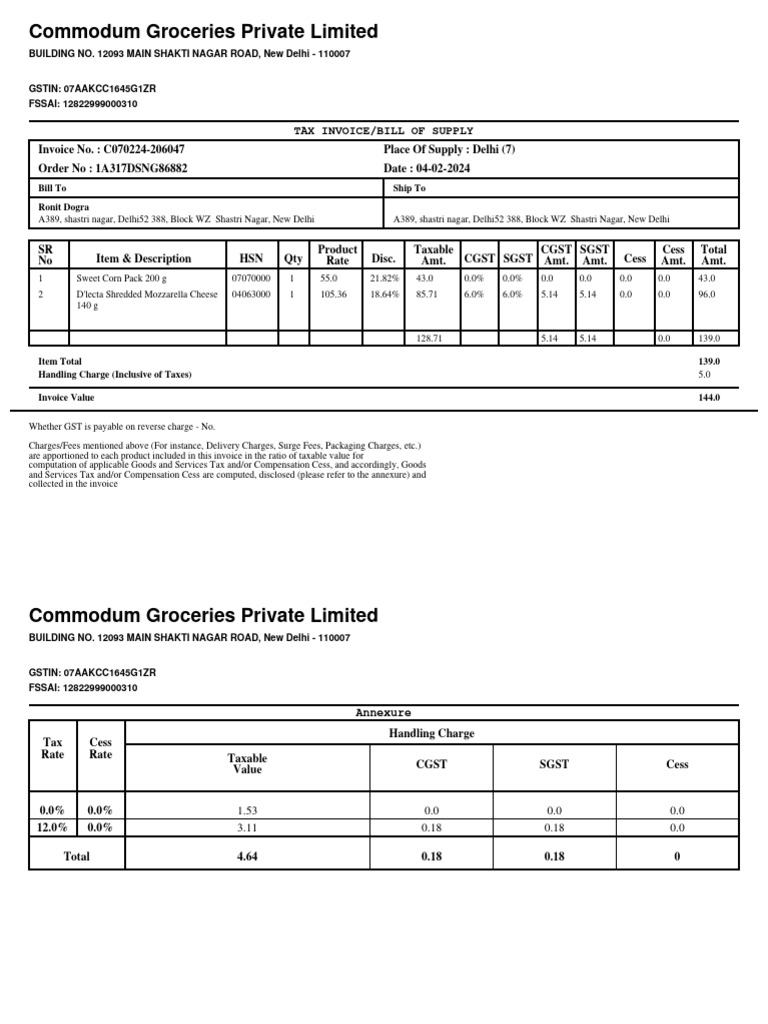 Commodum Groceries Invoice Details | PDF | Public Finance | Public Law