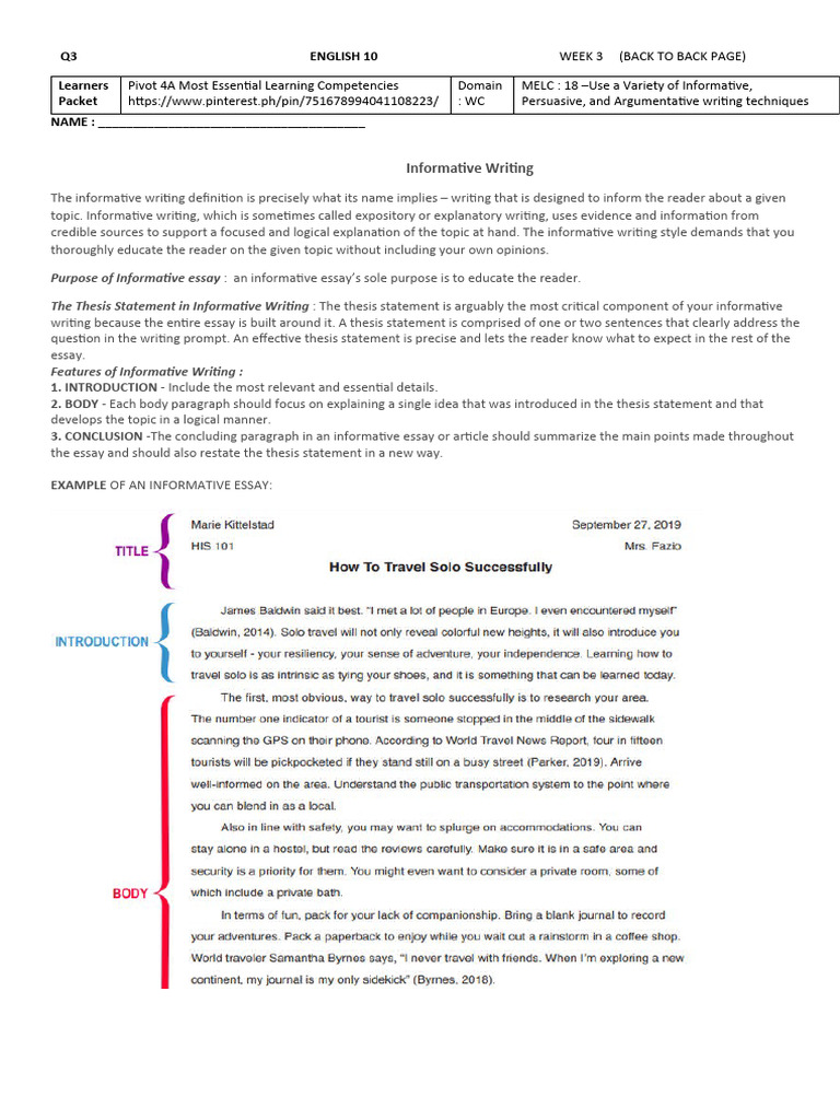Pivot 4A Most Essential Learning Competencies Domain: WC MELC: 18 - Use A Variety of Informative ...