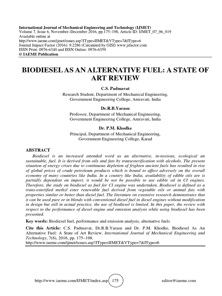 Biodiesel As An Alternative Fuel A State | PDF | Biodiesel | Diesel Fuel