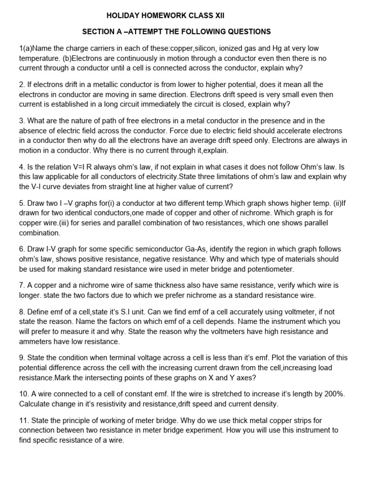 New Holiday Homework Class Xii | PDF | Electrical Resistivity And ...
