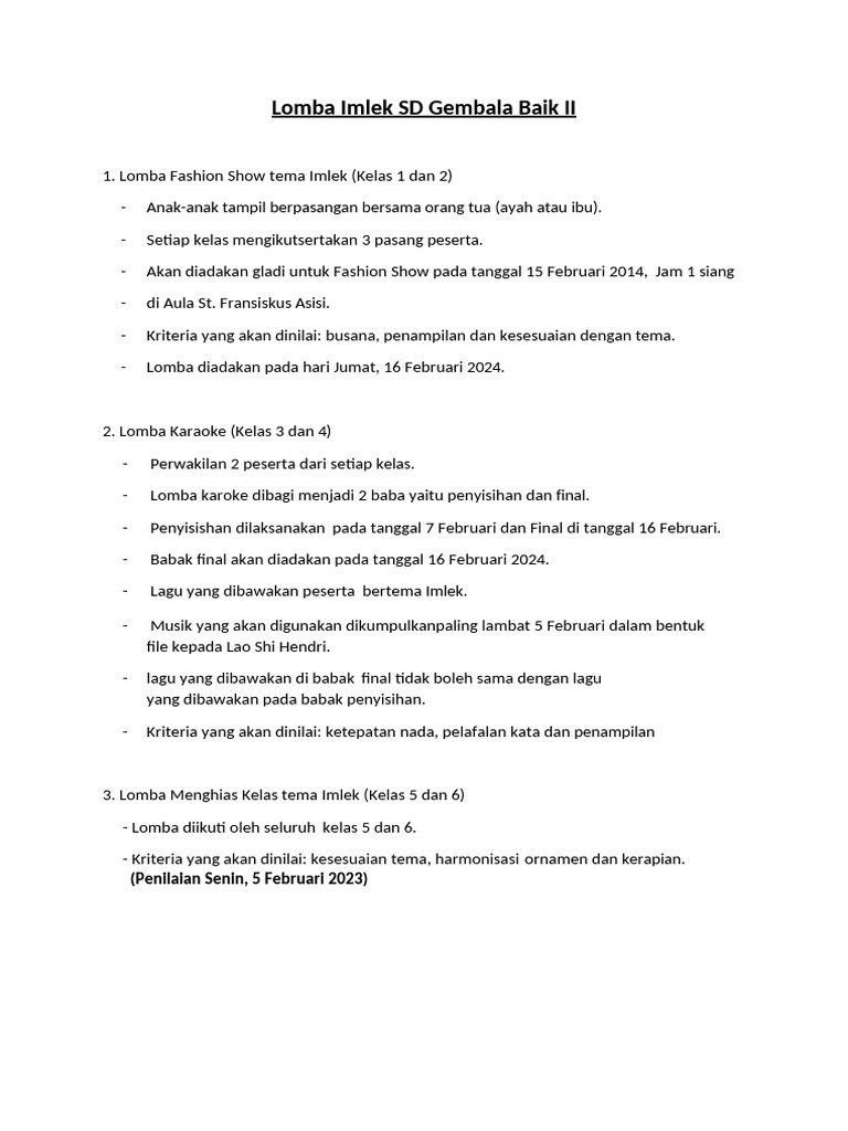 Lomba Imlek SD Gembala 2024: Detail & Kriteria | PDF