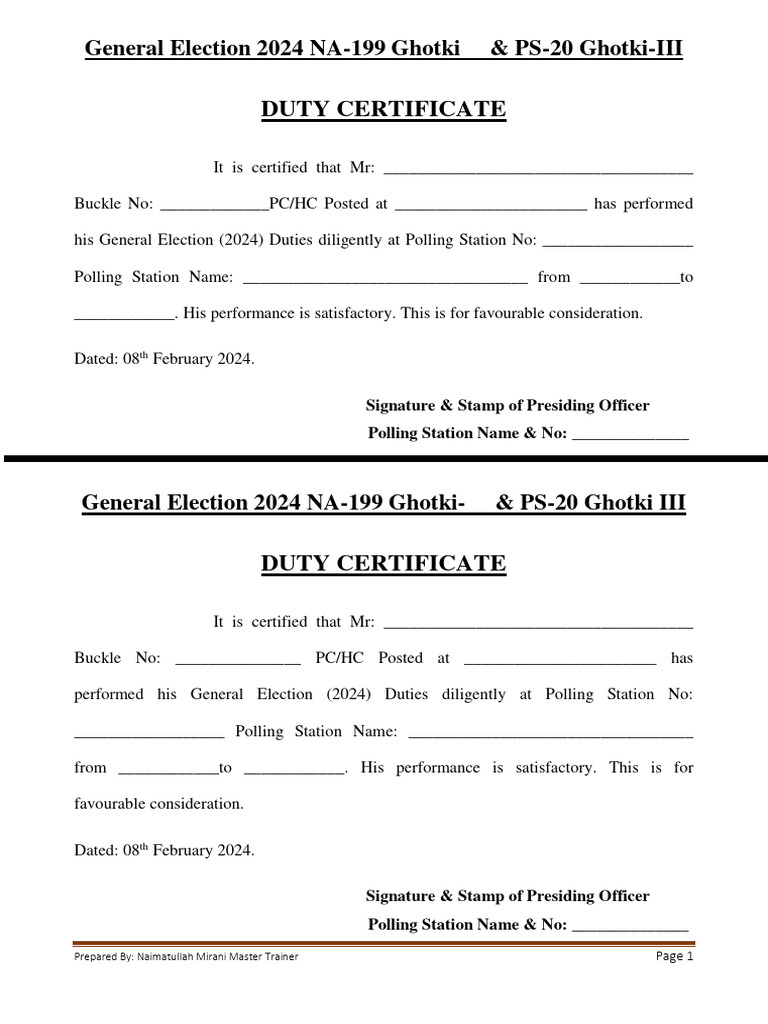 Election Duty Certificate 2024 Ghotki | PDF | Group Decision Making | Forms Of Government