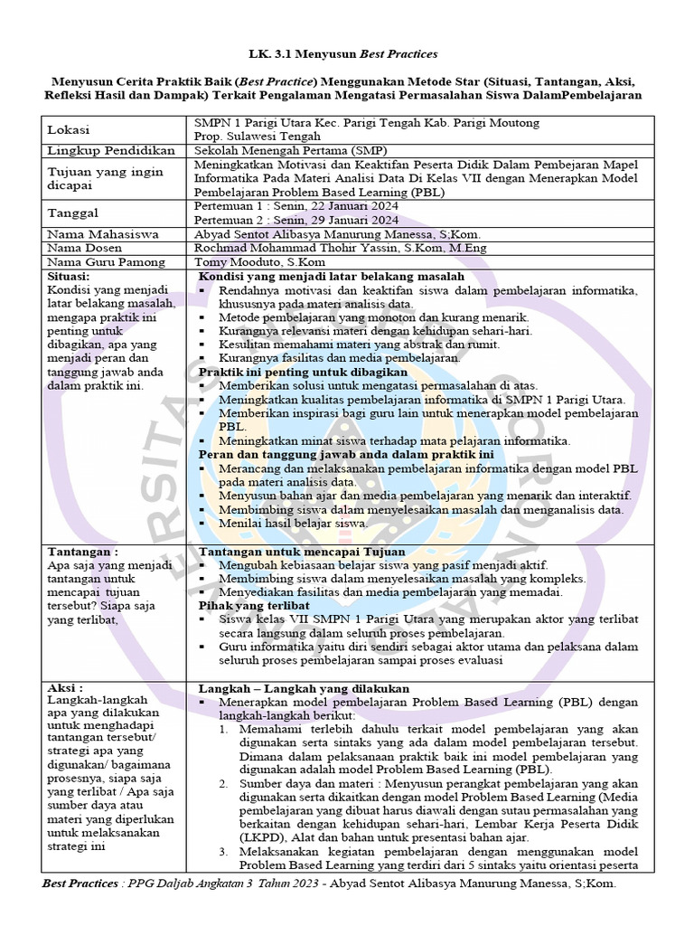 Siklus 2 - LK. 3.1 Menyusun Best Practices - Abyad Sentot Alibasya AMM | PDF