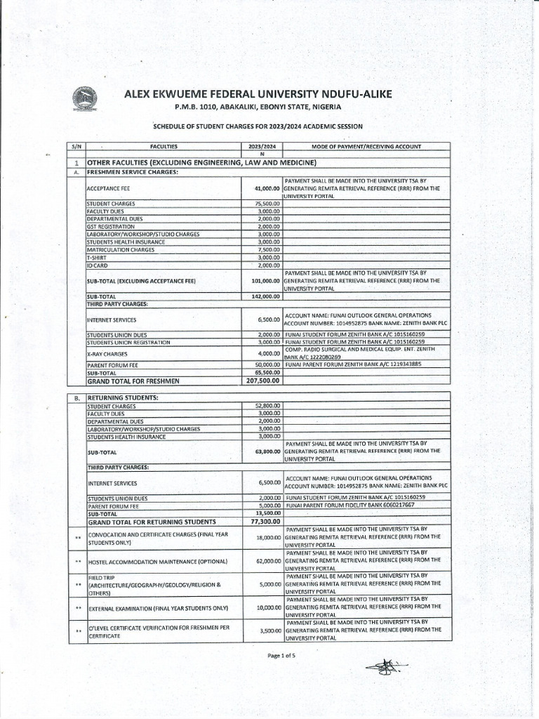 Schedule of Student Charges For 2023-2024 Academic Session | PDF