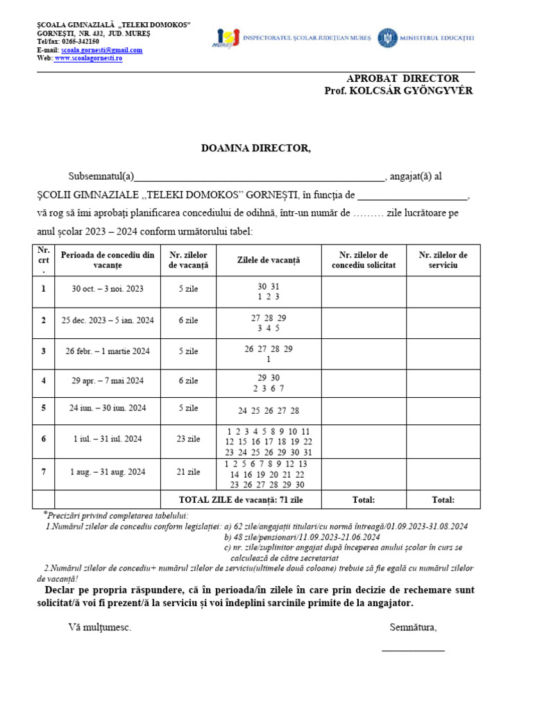 Cerere Concediu 2023-2024 | PDF
