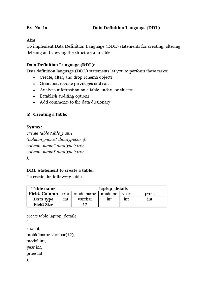 Exercise 1a - DDL in DBMS LAB | PDF