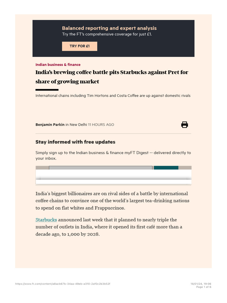 India's Brewing Coffee Battle Pits Starbucks Against Pret For Share of ...