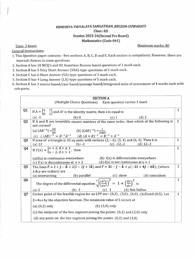 Preboard 2 Maths QP 23-24 | PDF | Mathematics | Mathematical Objects