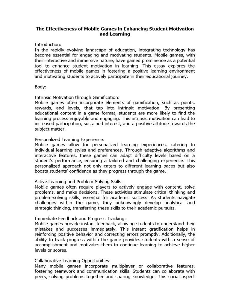 Effectiveness Of Mobile Games In Student S Motivation In Learning Pdf