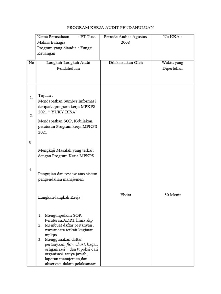 Program Kerja Audit Pendahuluan | PDF