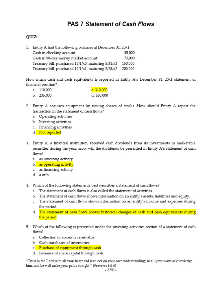 PAS 7 Statement of Cash Flows: Quiz | PDF