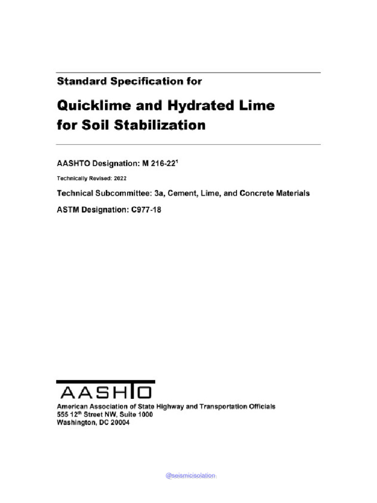 AASHTO M 216 22 Standard Specification For Quicklime and Hydrated | PDF