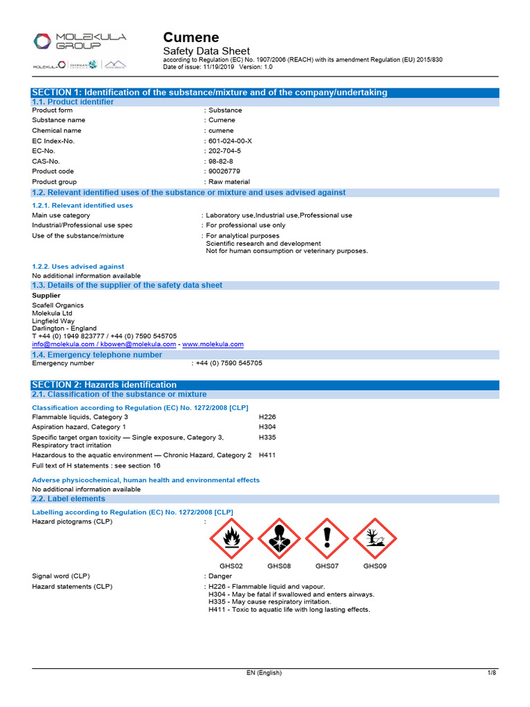 Safety Data Sheet - EN - (90026779) CUMENE (98-82-8) | PDF ...