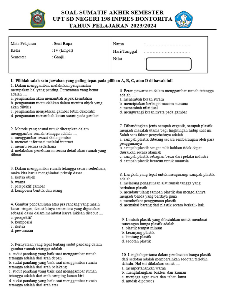 Soal SAS 1 Seni Rupa Kelas 4 (Websiteedukasi.com) | PDF