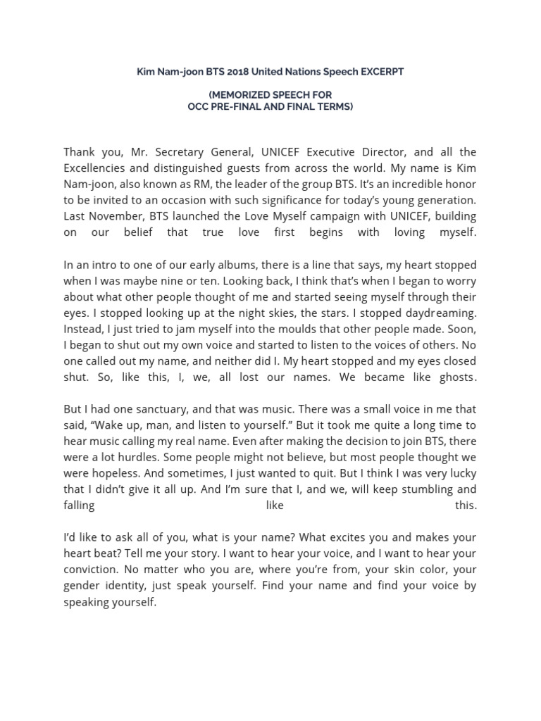 Kim Nam Joon 2018 Un Speech Excerpt | PDF