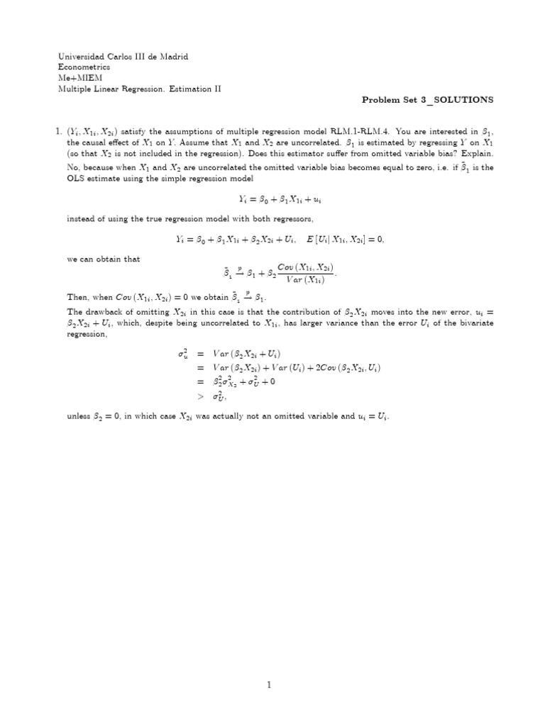 Problem Set 3 SOLUTIONS | PDF | Ordinary Least Squares | Regression Analysis