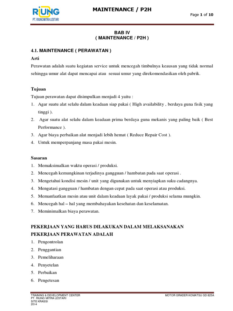 Arti dan Prosedur P2H Motor Grader | PDF | Teknologi & Rekayasa