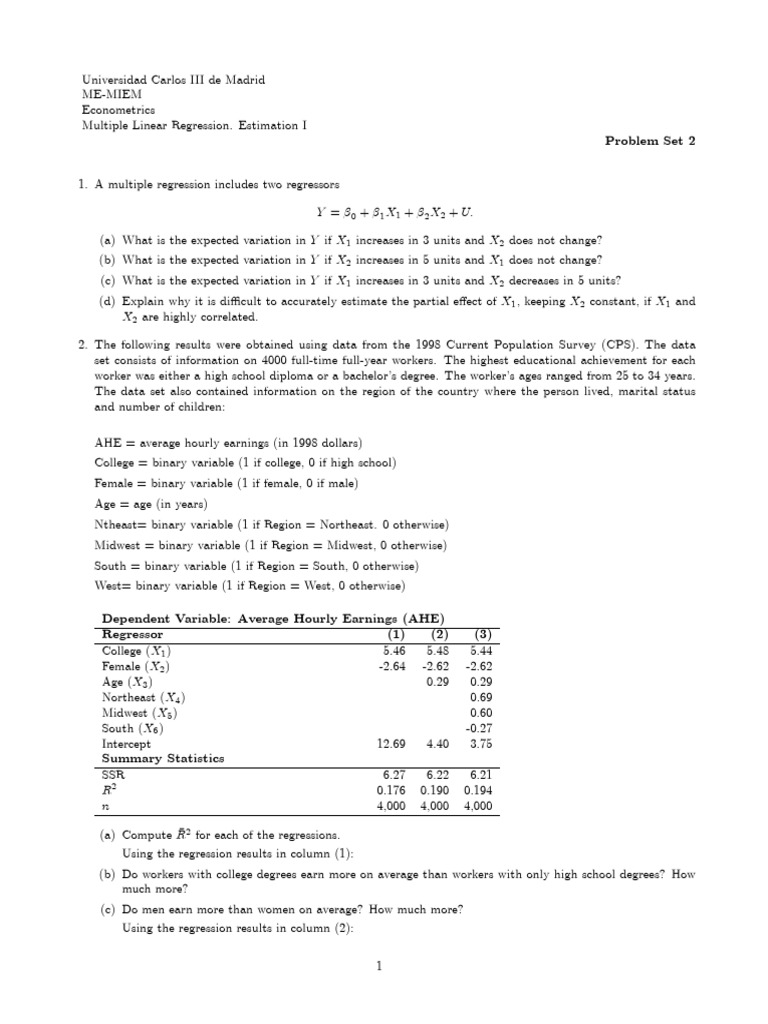 Problem Set 2 | PDF | Ordinary Least Squares | Regression Analysis
