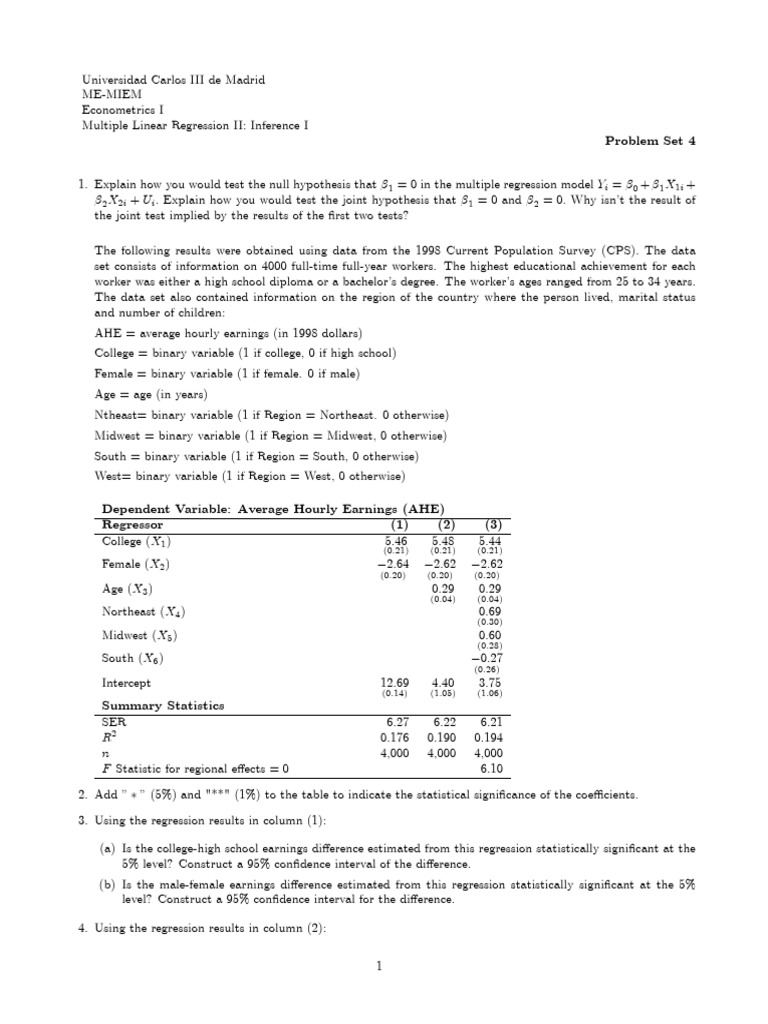 Problem Set 4 | PDF | Regression Analysis | Dependent And Independent Variables