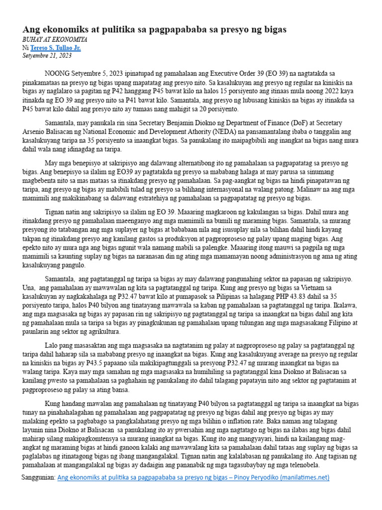Ang Ekonomiks at Pulitika Sa Pagpapababa Sa Presyo NG Bigas | PDF