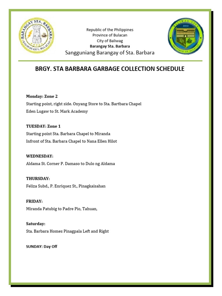 Baliwag Sta. Barbara Garbage Schedule | PDF | Cooking, Food & Wine