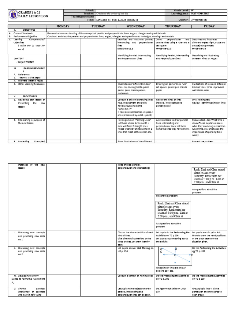 DLL - Mathematics 4 - Q3 - W1 | PDF | Perpendicular | Angle
